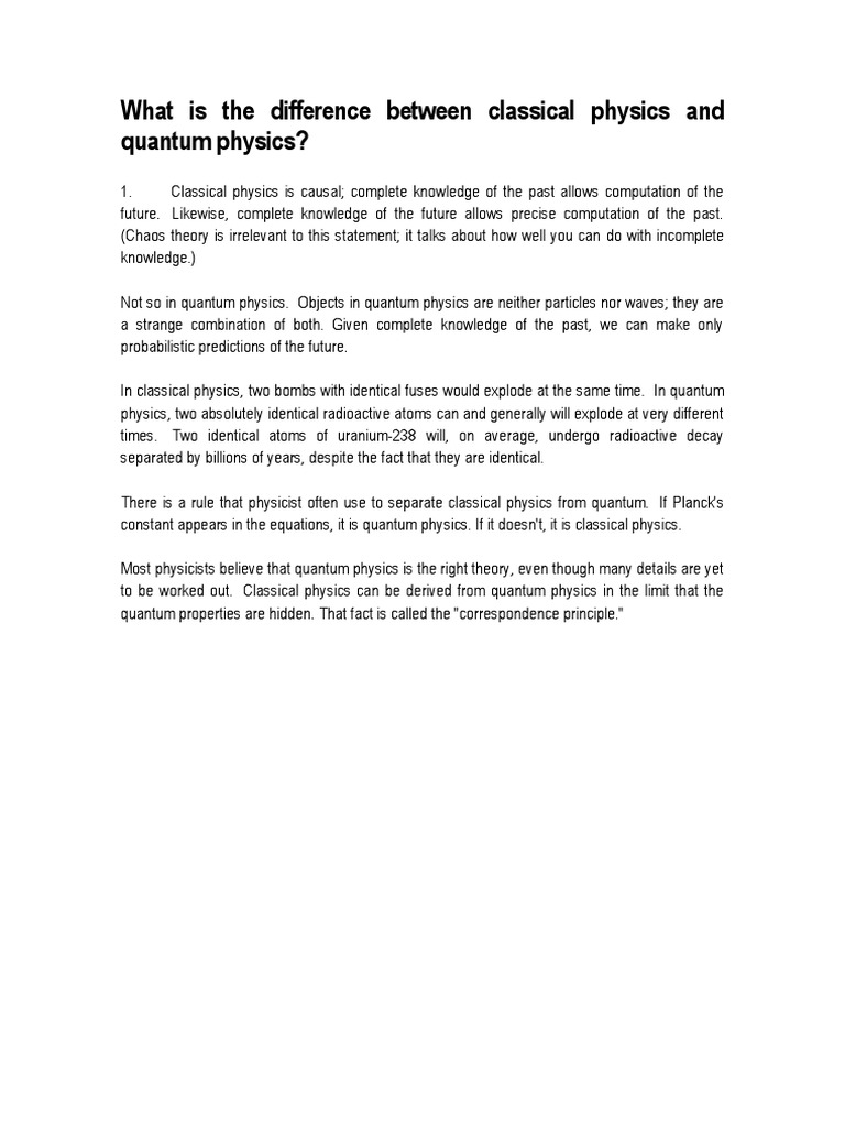 What Is The Difference Between Classical Physics and Quantum Physics | PDF | Quantum Mechanics ...