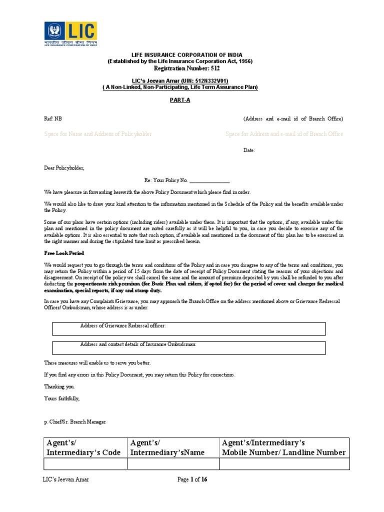 LIC Jeevan Amar Policy Document | PDF | Insurance Policy | Insurance