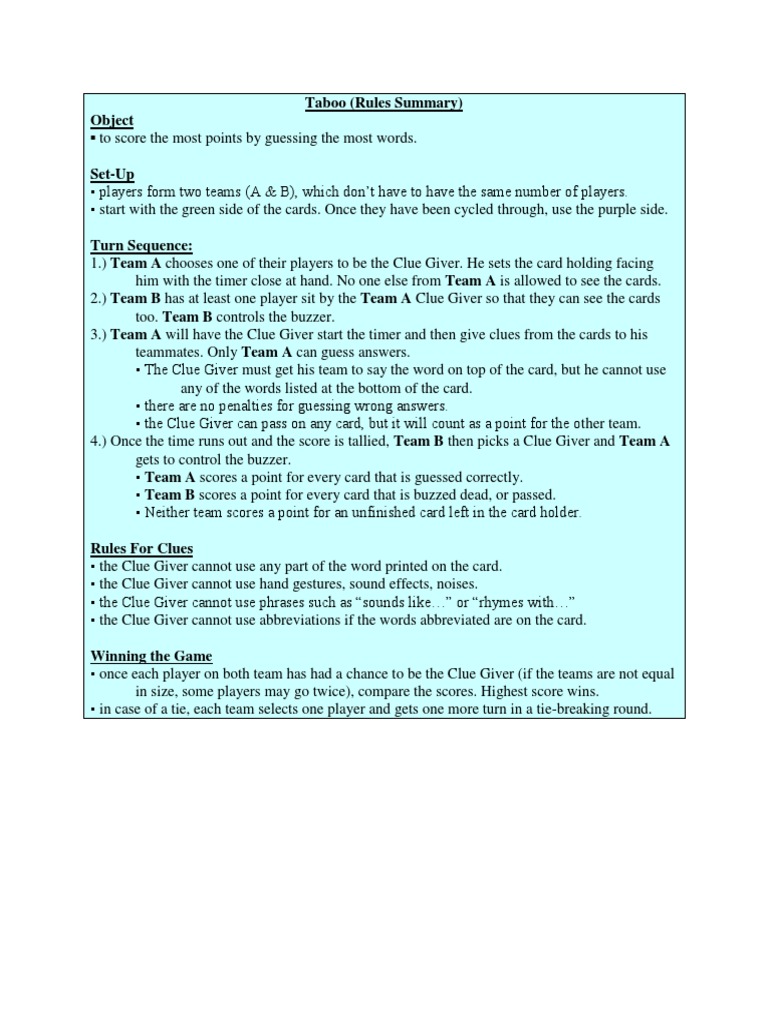 Taboo (Rules Summary) Object To Score The Most Points by Guessing The Most Words. Set-Up | PDF