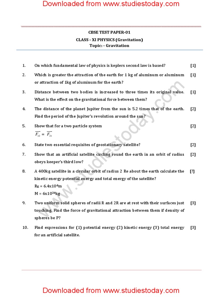CBSE Class 11 Gravitation Worksheet A | PDF | Orbit | Gravitation