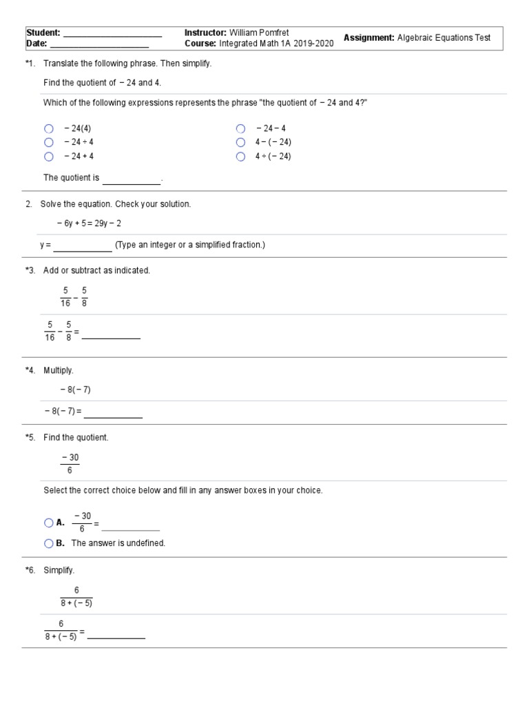 Algebraic Equations Test | PDF | Fraction (Mathematics) | Equations