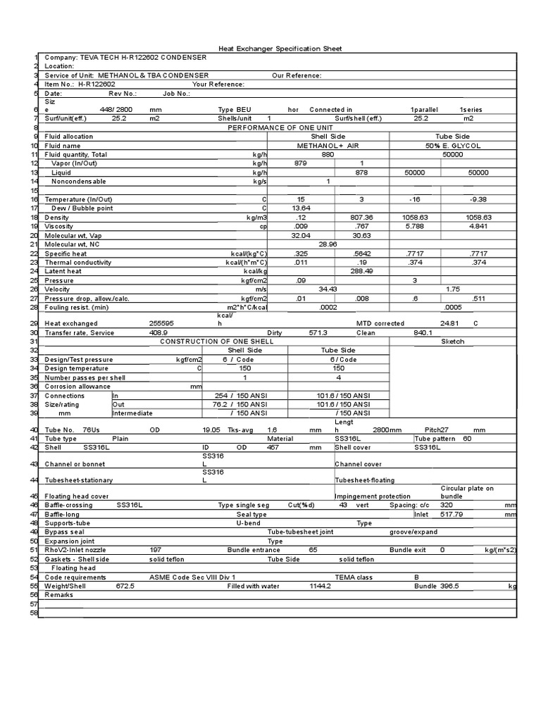 Heat Exchanger Specification Sheet | PDF | Heat Exchanger | Pipe (Fluid ...