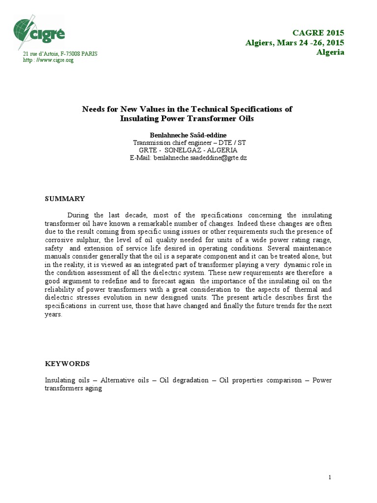 Cigre 1-2015 PDF | PDF | Transformer | Dielectric