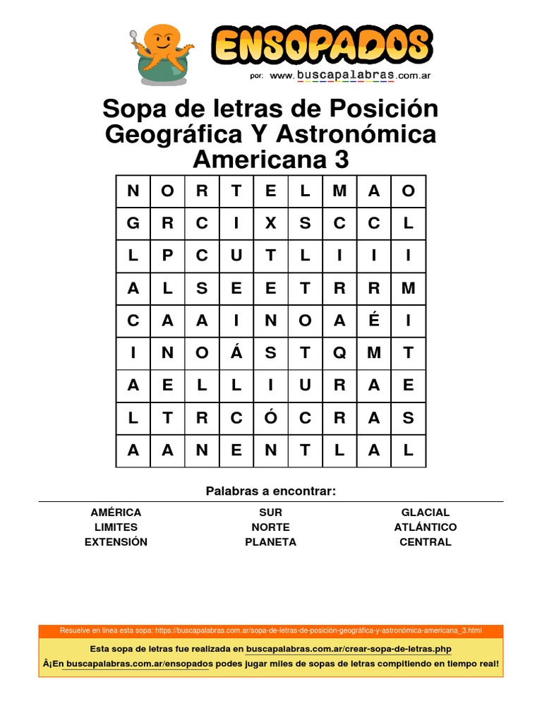 Sopa de Letras de Posición Geográfica y Astronómica Americana | PDF
