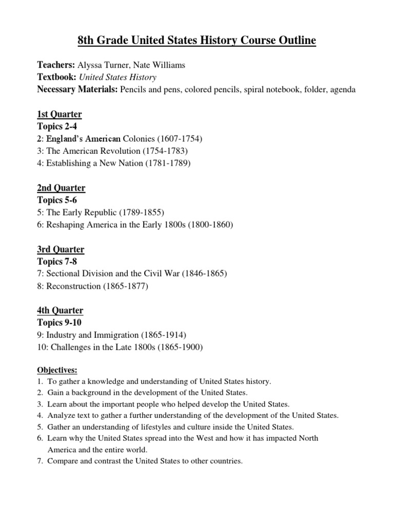 8th Grade United States History Course Outline | PDF | Social Science