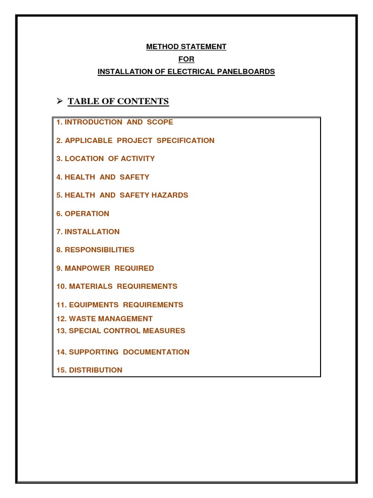 Table of Contents: Method Statement FOR Installation of Electrical ...