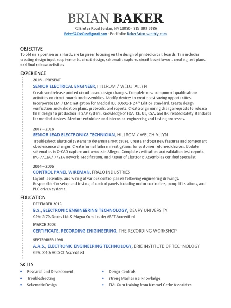 Brian Baker Hardware Engineer Resume | PDF | Printed Circuit Board ...