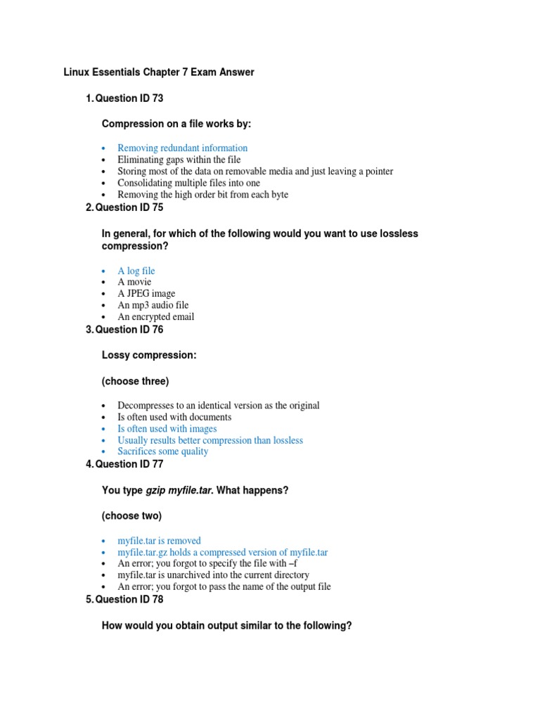 Linux Essentials Chapter 7 and 8 Exam Answers | PDF | Zip (File Format ...