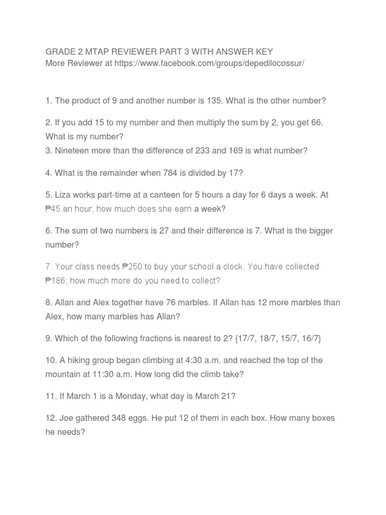 Grade 2 Mtap Reviewer With Answer Key | PDF | Fruit | Business