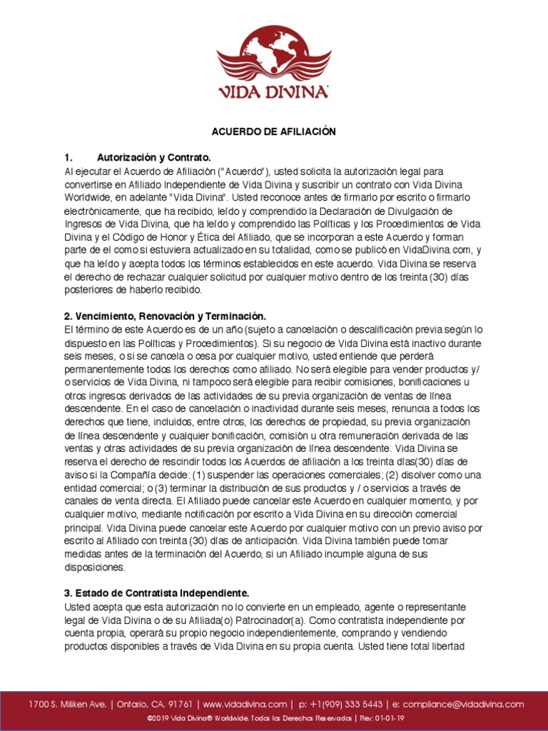 Vida Divina Affiliate Agreement Es | PDF | Cliente | Arbitraje