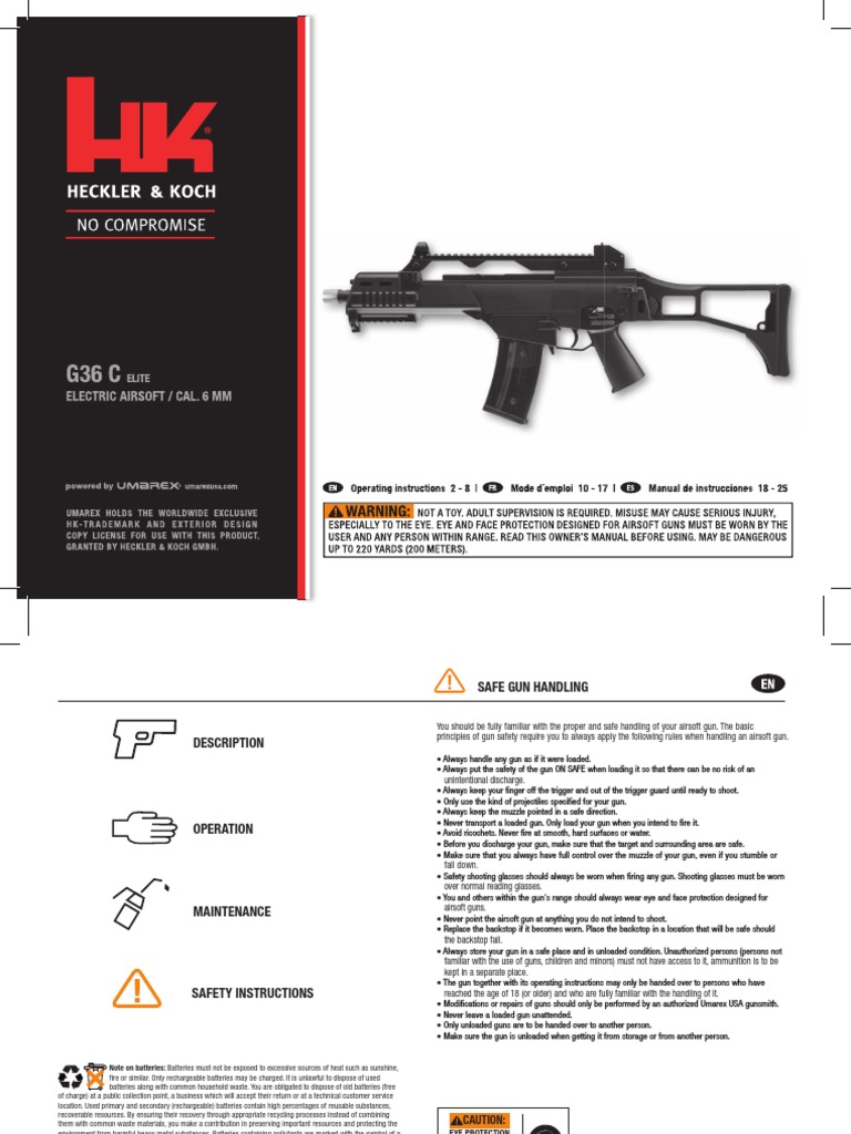 HK G36C Airsoft Safety Manual | PDF | Firearms | Projectiles