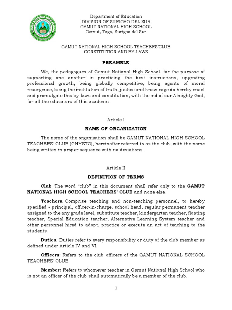 Gamut National High School Teachers' Club Bylaws | PDF | Audit ...