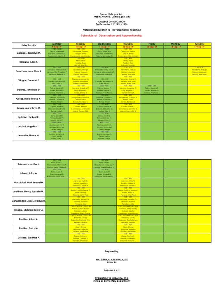 Schedule of Observation and Apprenticeship: 9-Sep-19 10-Sep-19 11-Sep ...