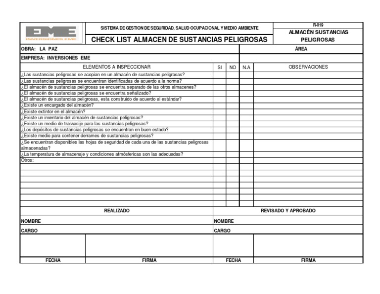 Checklist para inspeccionar el almacenamiento seguro de sustancias peligrosas | PDF
