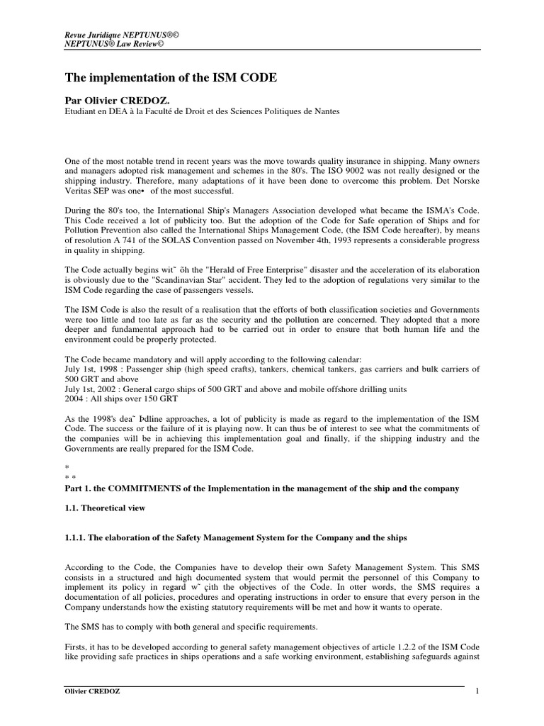 The Implementation of The ISM CODE: Par Olivier CREDOZ | PDF | Verification And Validation | Iso ...