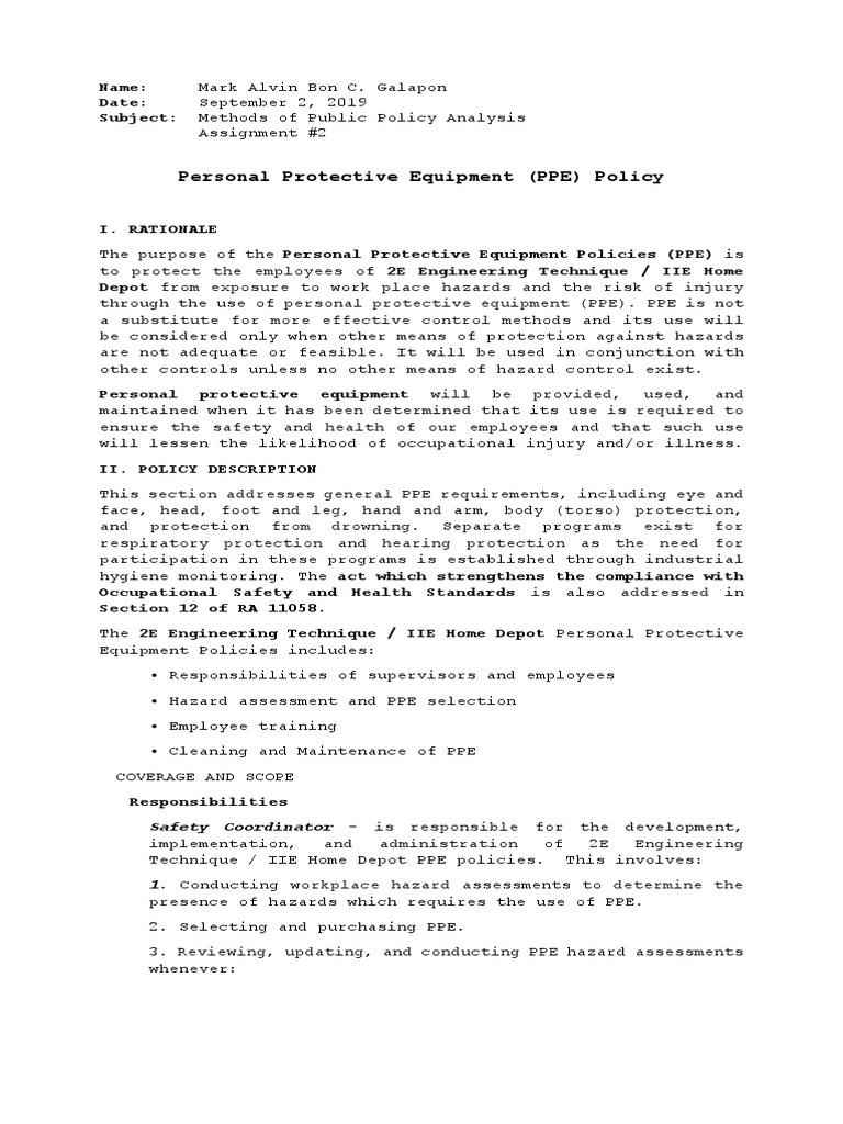 Personal Protective Equipment Policy - Final | PDF | Personal ...