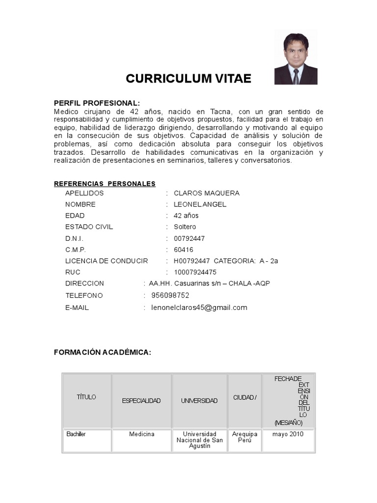 Curriculum Vitae de Leonel Angel Claros Maquera, Médico Cirujano con más de 10 años de ...