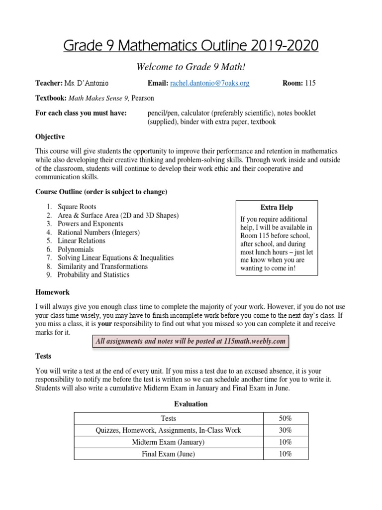Grade 9 Mathematics Outline 2019-2020 | PDF | Homework | Exponentiation
