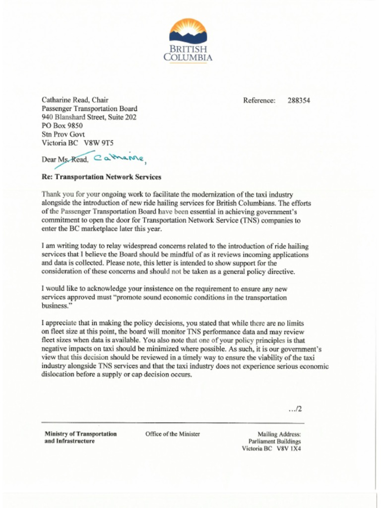 Letter From Minister of Transportation and Infrastructure | PDF