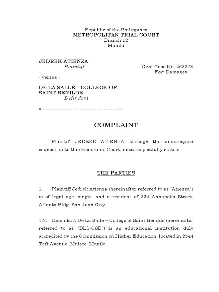 Complaint For Damages Sample | PDF | Affidavit | Complaint