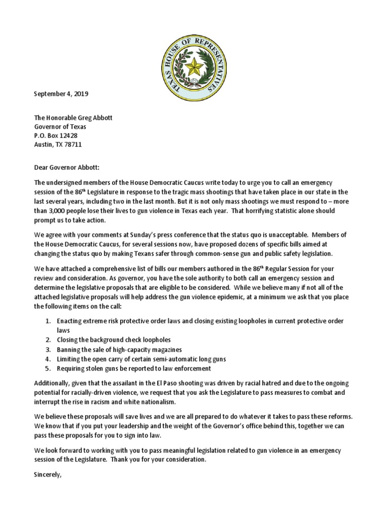 House Democratic Caucus letter to Governor Abbott 9.4.19 | Crimes ...