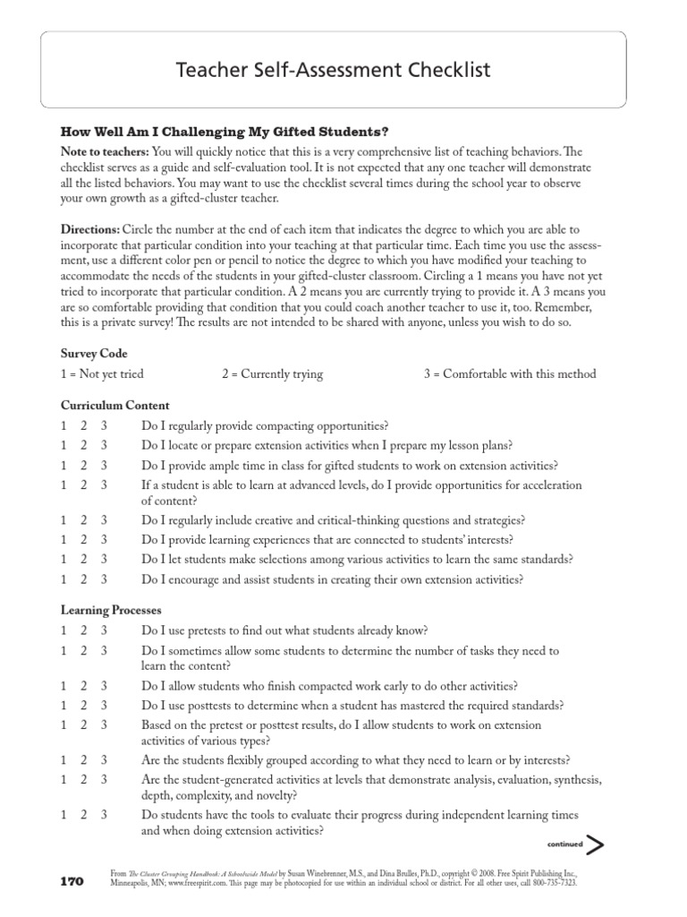 Teacher Self-Assessment Checklist | PDF | Mentorship | Teachers