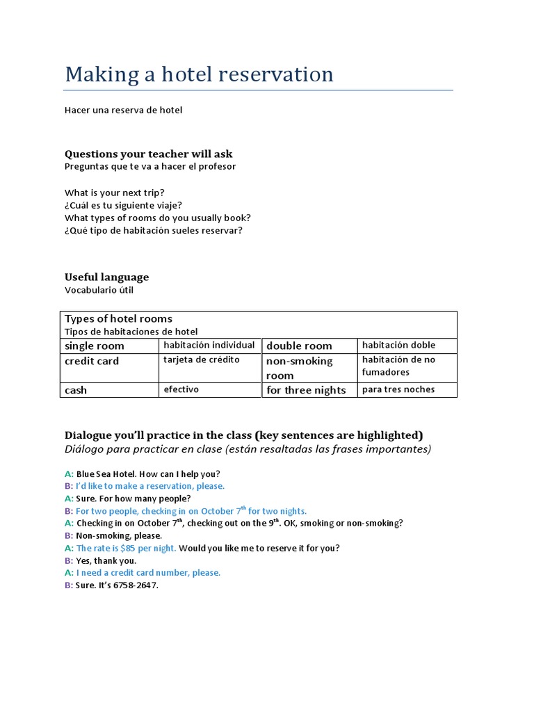 Making A Hotel Reservation: Questions Your Teacher Will Ask | PDF