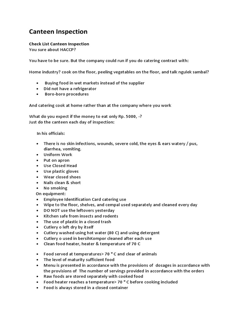 Check List Canteen Inspection | PDF | Foods | Employment