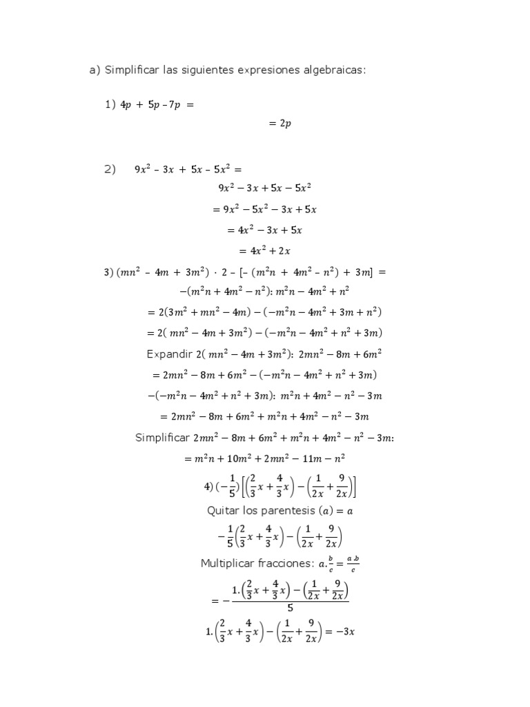 Simplificar Las Siguientes Expresiones Algebraicas | PDF ...