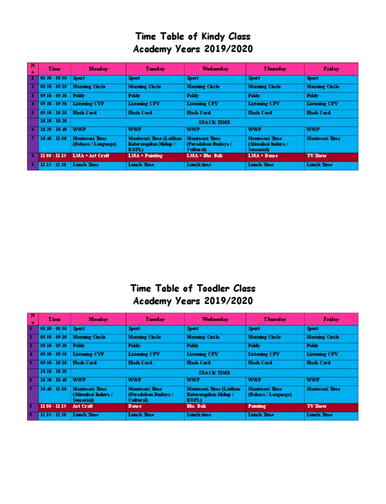 Time Table of Kindy Class Academy Years 2019/2020: N o Time Monday ...
