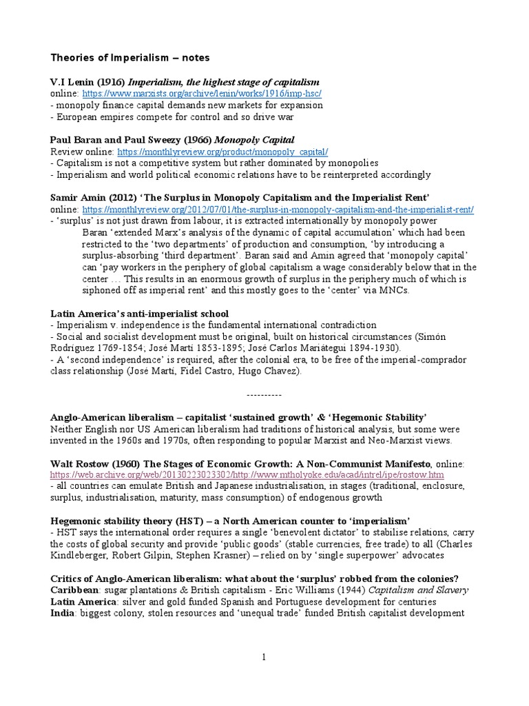 Theories of Imperialism Notes | PDF | Capitalism | Imperialism