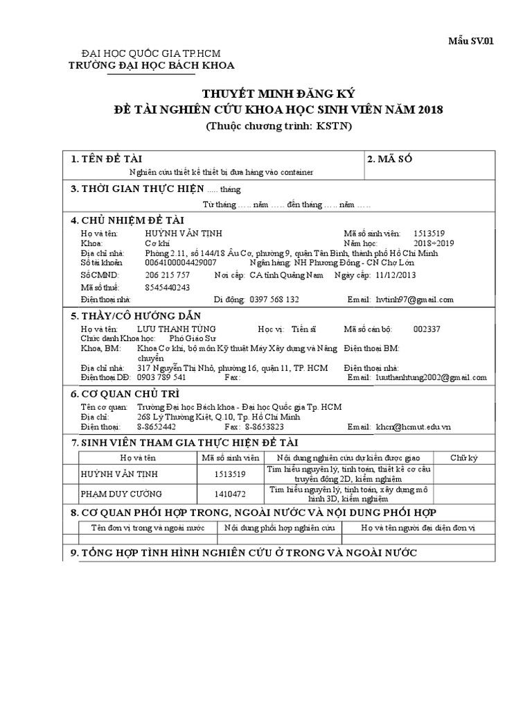 BM02 - HuynhVanTinh - Thuyet Minh DT KHCN Cap SV | PDF