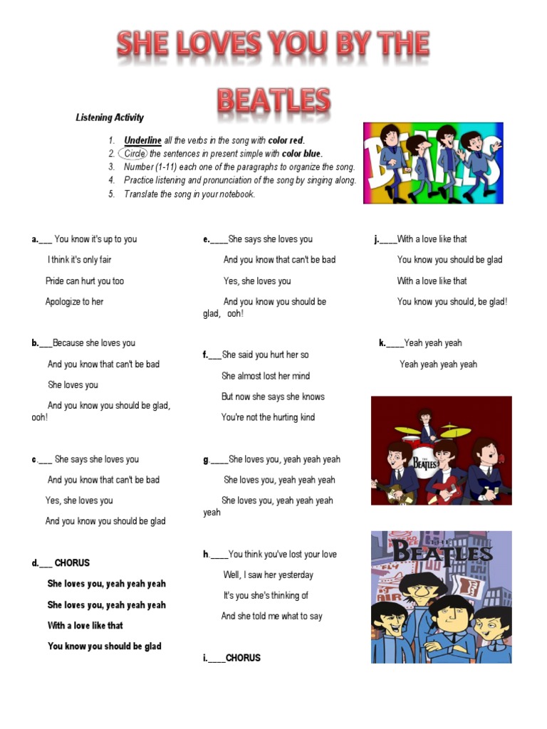 Song Worksheet She Loves You by The Beatles Activities With Music Songs ...