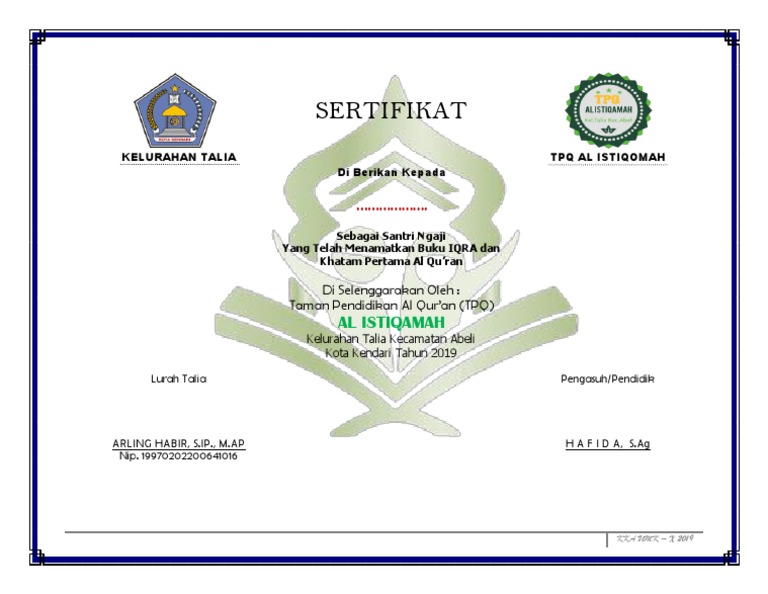 SERTIFIKAT TPQ TALIA Al Istiqomah | PDF