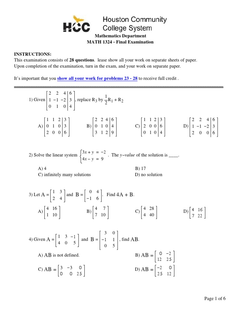 Math 1324 Final Examination | PDF | System Of Linear Equations | Interest