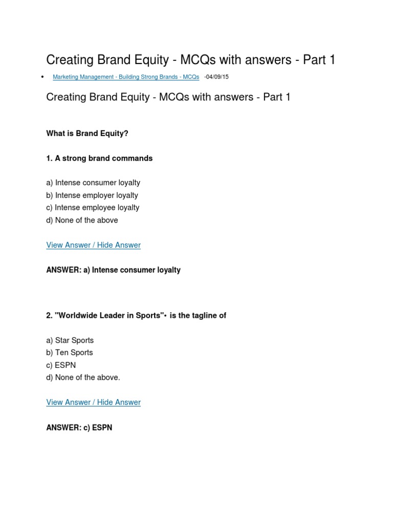 Brand Equity MCQs and Answers | PDF | Brand | Business Economics