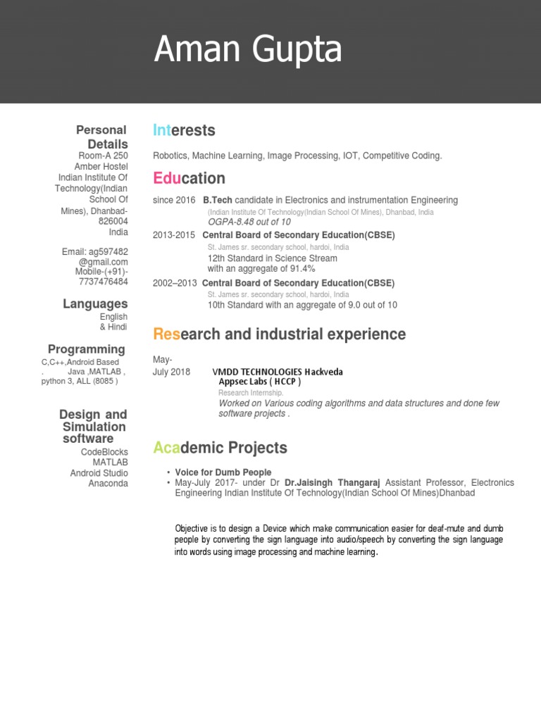 Aman CV | PDF | Robotics | Areas Of Computer Science