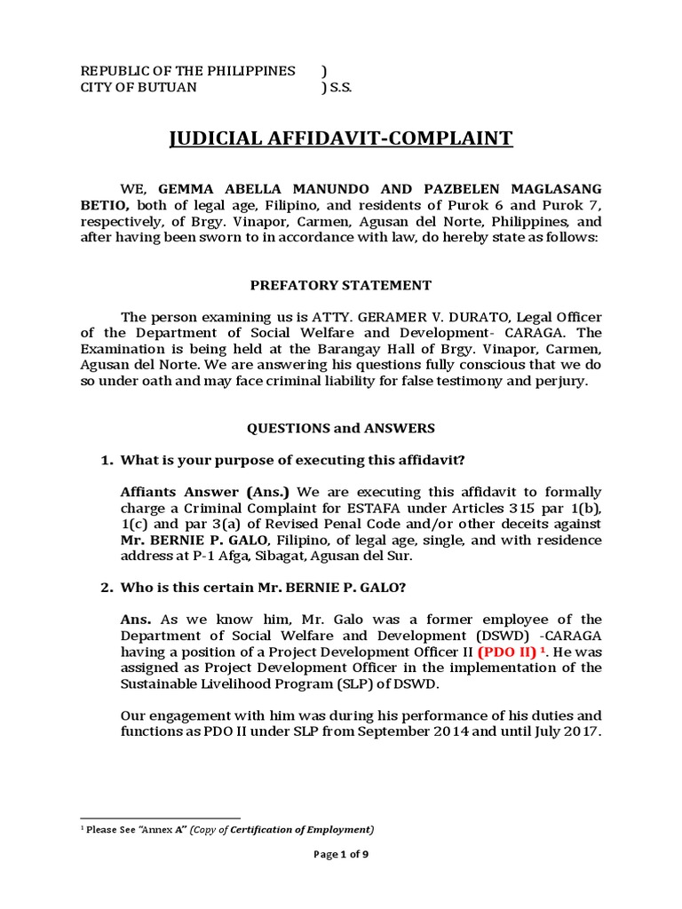 Complaint-Affidavit Estafa | PDF | Perjury | Social Institutions