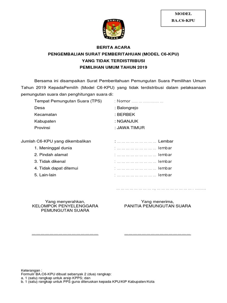 BA C6 Berita Acara Pengembalian Formulir C6 | PDF