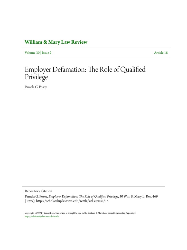 Employer Defamation: The Role of Qualified Privilege: William & Mary ...