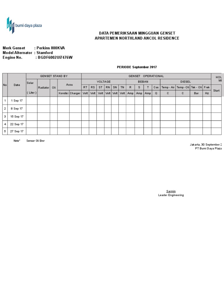 Form Pengecekan Genset | PDF