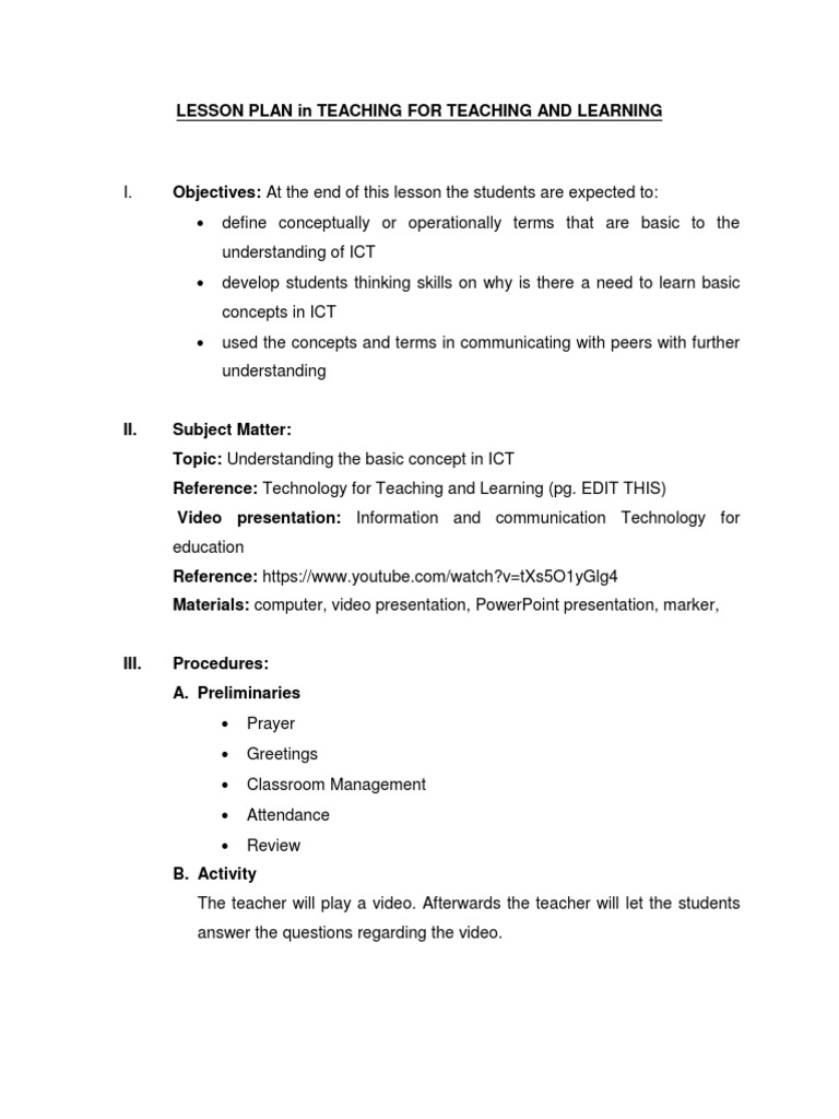 Lesson Plan For TTL Sajulanjaminde Asis | PDF | Voice Over Ip ...