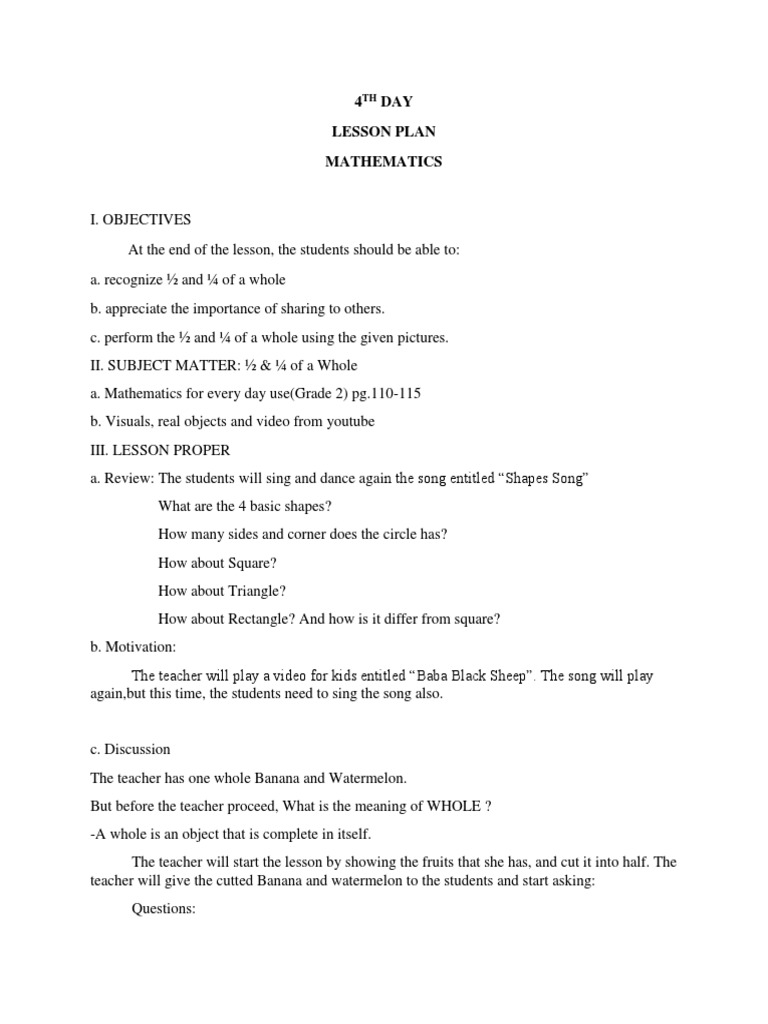 4 DAY Lesson Plan Mathematics | PDF