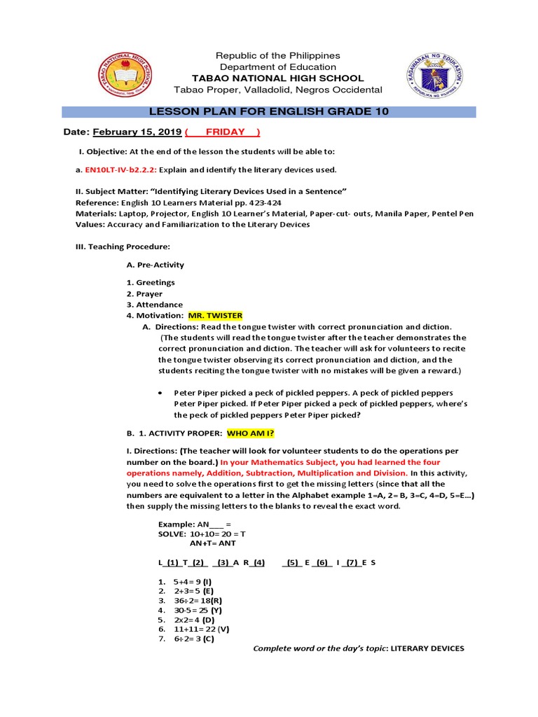 Identifying Literary Devices: A Lesson Plan for Tabao National High ...