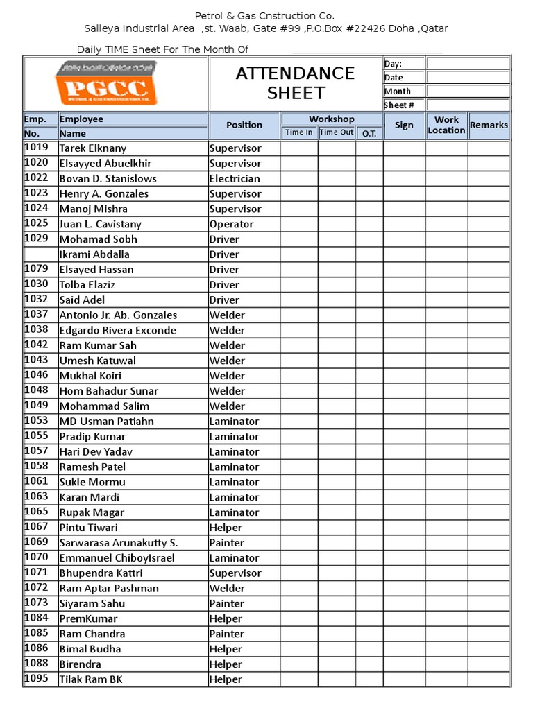 Attendance Sheet: Emp. Employee Position Workshop Sign Remarks No. Name ...