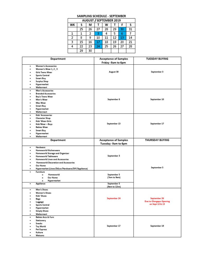 September 2019 Sampling Schedule for Department Acceptance of Samples ...