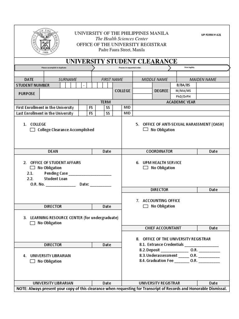 UP Manila Student Clearance Form | PDF | Students | University