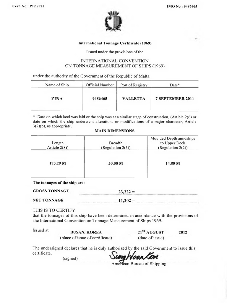 International Tonnage Certificate for the Cargo Ship ZINA | PDF | Tonnage | Shipbuilding