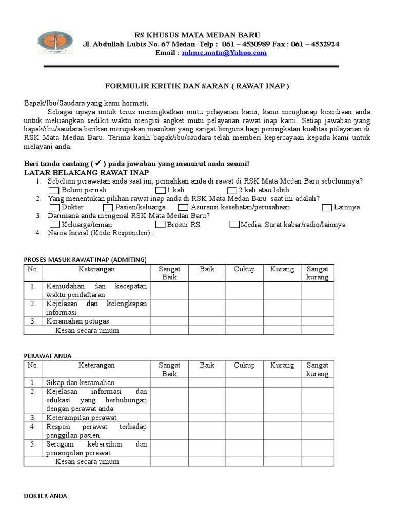 Form Kritik Dan Saran Rawat Inap | PDF
