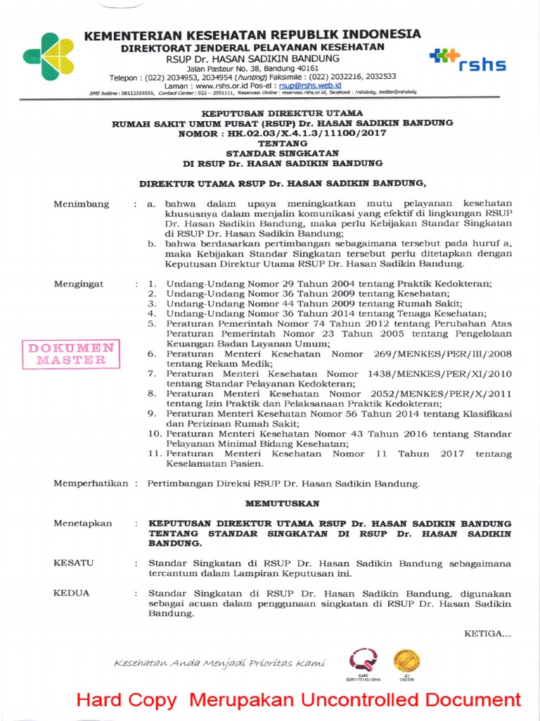 Daftar Singkatan RSHS | PDF